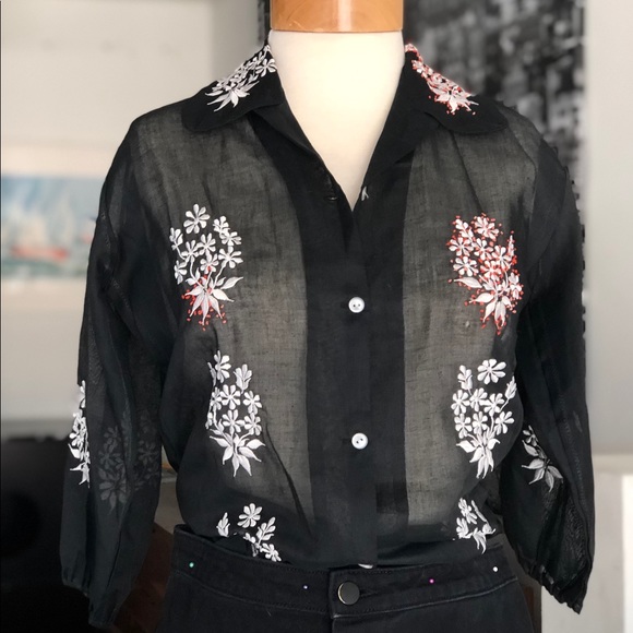 Tops | Vintage Sheer Embroidered Button Up | Poshmark